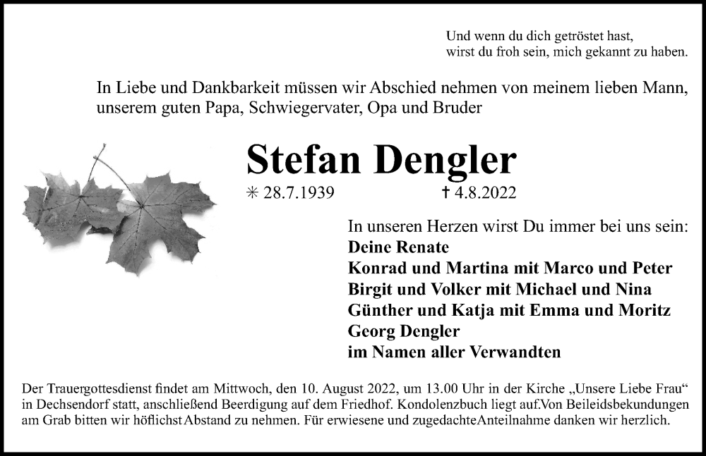 Traueranzeigen von Stefan Dengler | trauer.nn.de