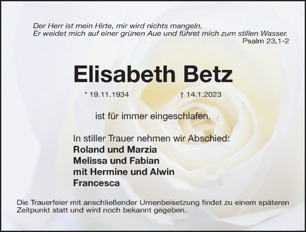 Traueranzeigen von Elisabeth Betz | trauer.nn.de