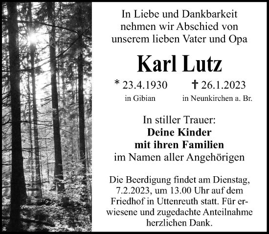 Traueranzeigen von Karl Lutz | trauer.nn.de