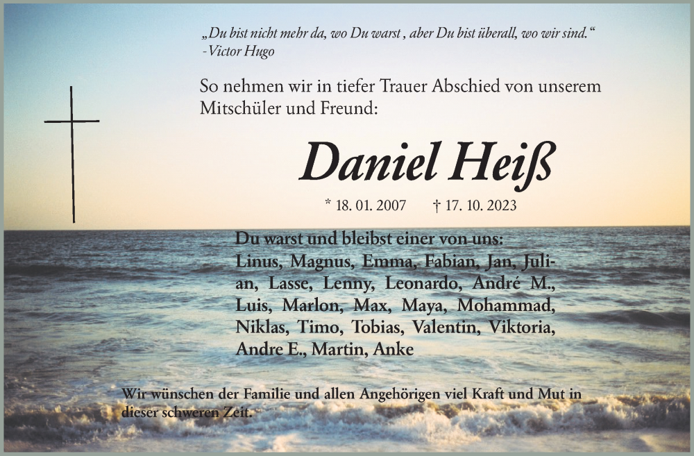 Traueranzeigen von Daniel Heiß | trauer.nn.de