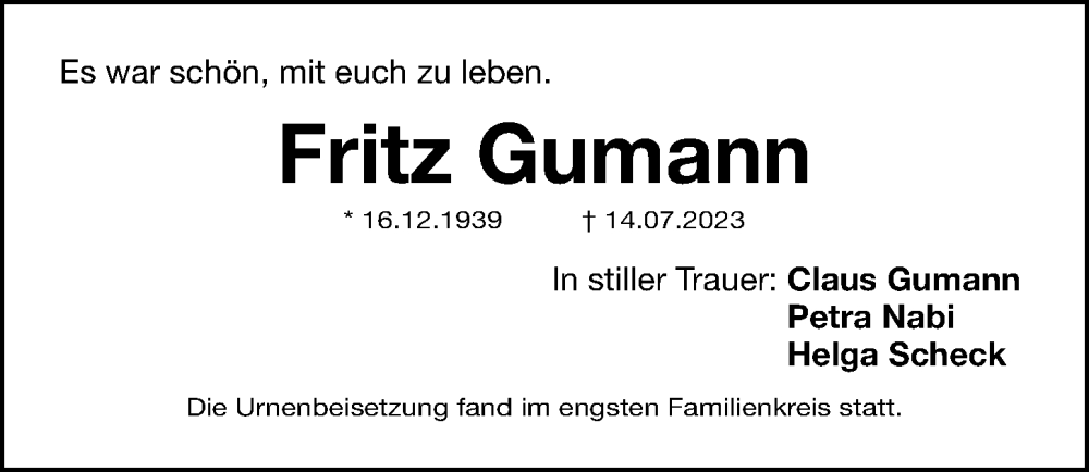 Traueranzeigen von Fritz Gumann | trauer.nn.de
