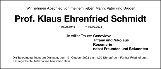 Traueranzeigen von Klaus Ehrenfried Schmidt | trauer.nn.de