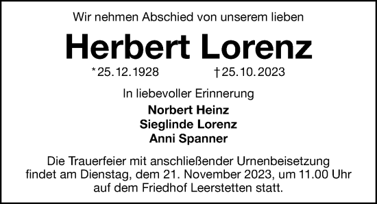 Traueranzeigen von Herbert Lorenz | trauer.nn.de