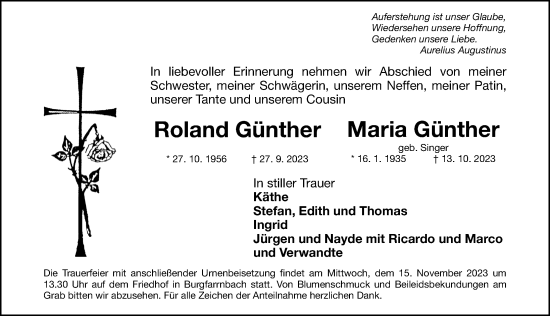 Traueranzeigen von Maria Günther | trauer.nn.de