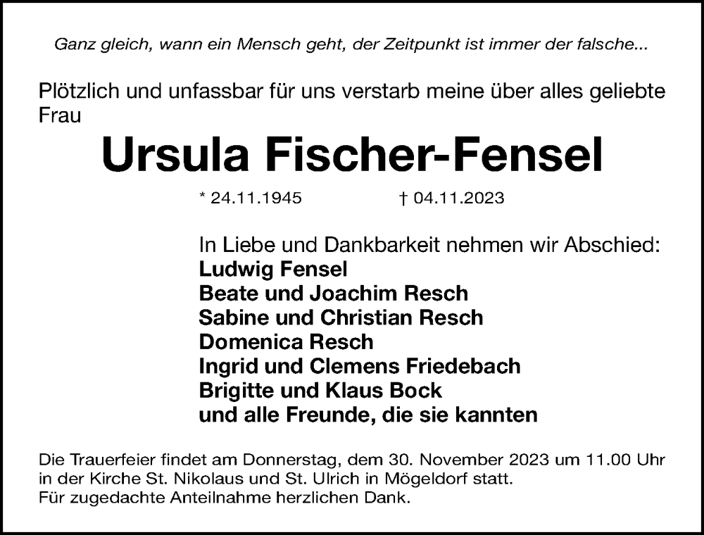 Traueranzeigen von Ursula Fischer-Fensel | trauer.nn.de