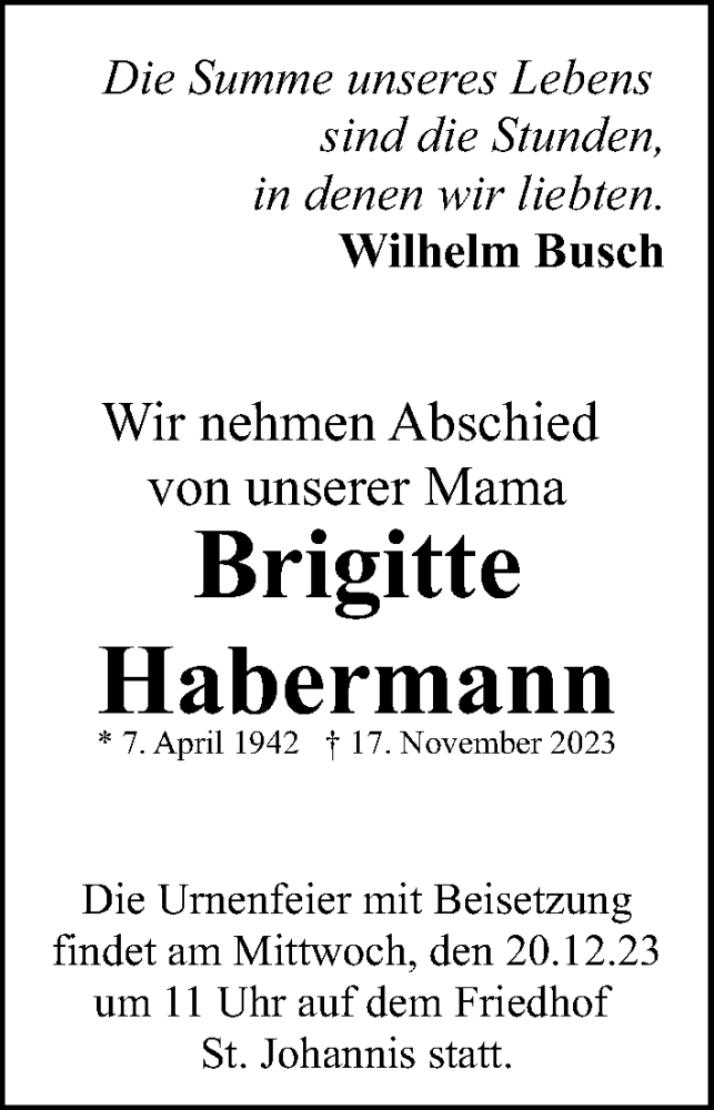 Traueranzeigen von Brigitte Habermann | trauer.nn.de