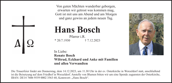 Traueranzeigen von Hans Bosch | trauer.nn.de
