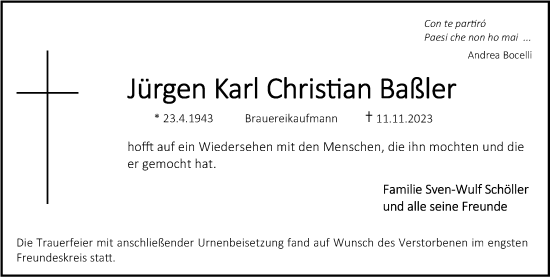 Traueranzeigen von Jürgen Karl Christian Baßler | trauer.nn.de