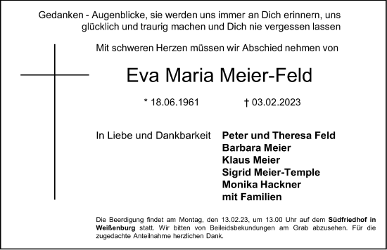 Traueranzeigen von Eva Maria Meier-Feld | trauer.nn.de