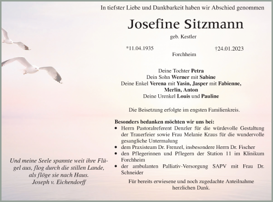 Traueranzeigen von Josefine Sitzmann | trauer.nn.de