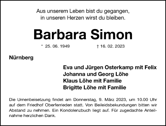 Traueranzeigen von Barbara Simon | trauer.nn.de