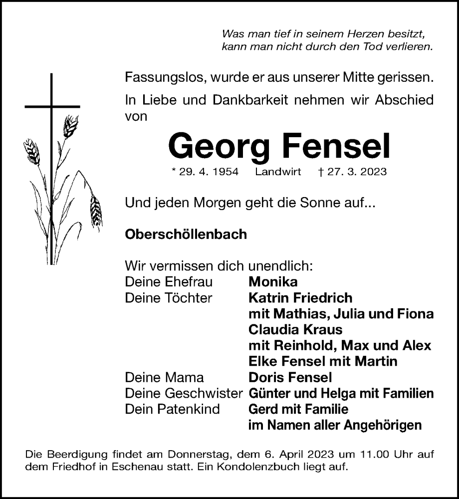 Traueranzeigen von Georg Fensel | trauer.nn.de
