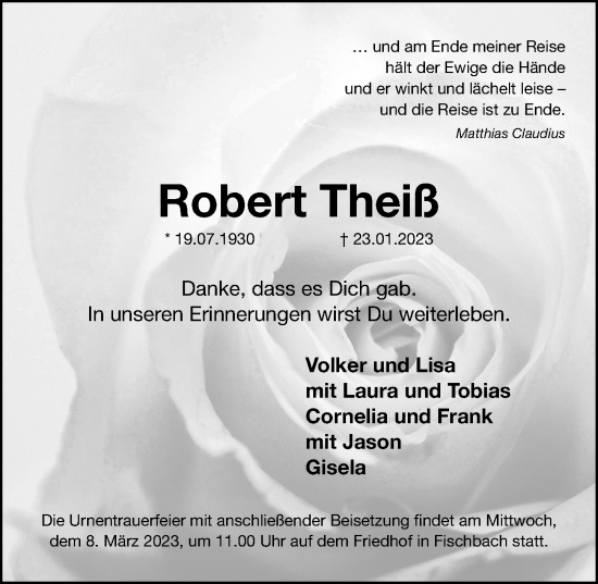 Traueranzeigen von Robert Theiß | trauer.nn.de
