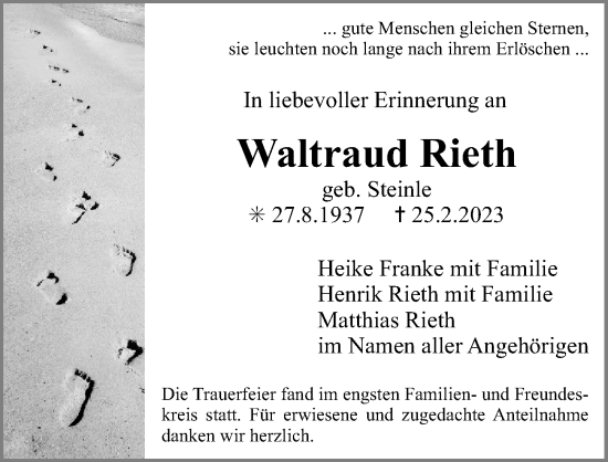 Traueranzeigen von Waltraud Rieth | trauer.nn.de