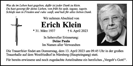 Traueranzeigen von Erich Klein | trauer.nn.de