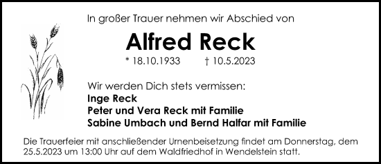 Traueranzeigen von Alfred Reck | trauer.nn.de