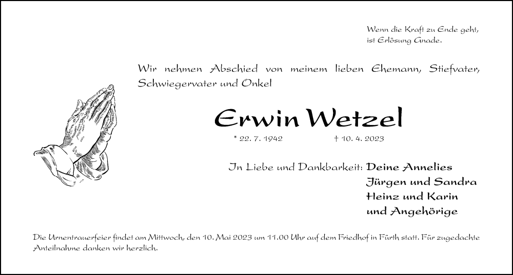 Traueranzeigen von Erwin Wetzel | trauer.nn.de