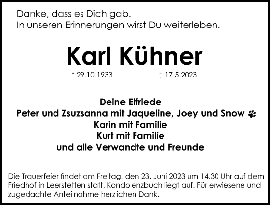 Traueranzeigen von Karl Kühner | trauer.nn.de