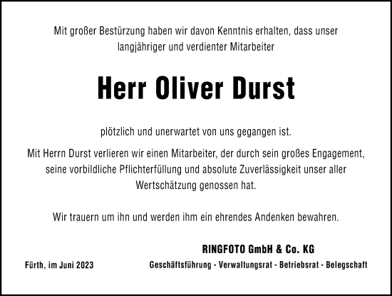 Traueranzeigen von Oliver Durst | trauer.nn.de