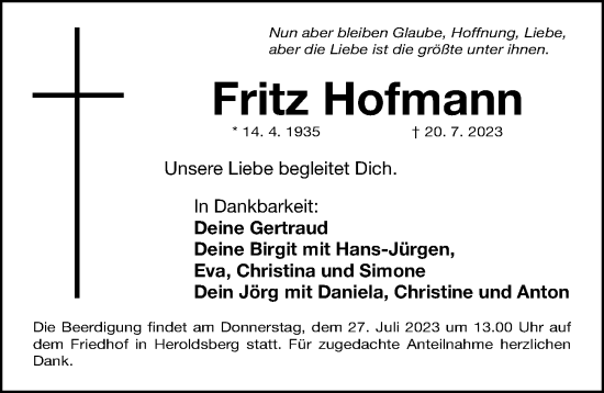 Traueranzeigen von Fritz Hofmann | trauer.nn.de
