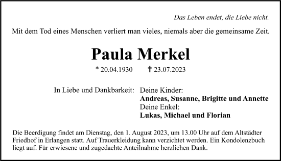 Traueranzeigen von Paula Merkel | trauer.nn.de