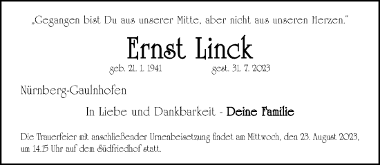Traueranzeigen von Ernst Linck | trauer.nn.de
