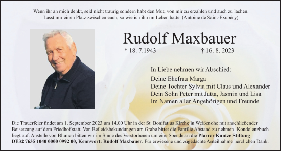 Traueranzeigen von Rudolf Maxbauer | trauer.nn.de