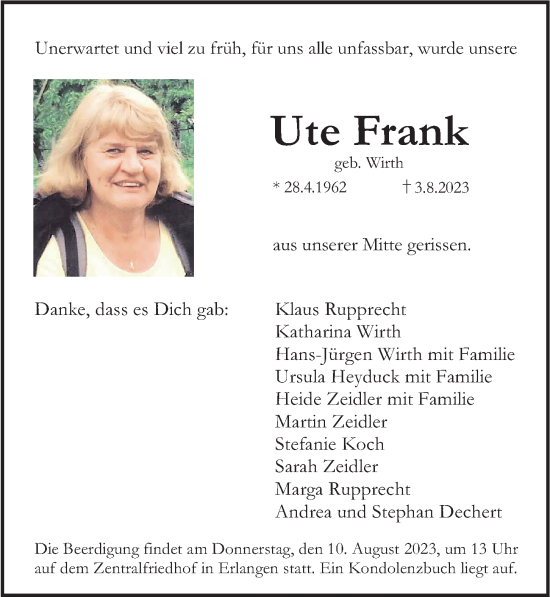 Traueranzeigen von Ute Frank | trauer.nn.de