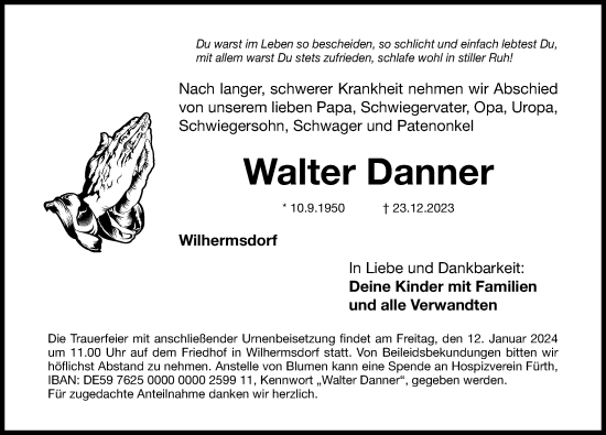Traueranzeigen von Walter Danner | trauer.nn.de