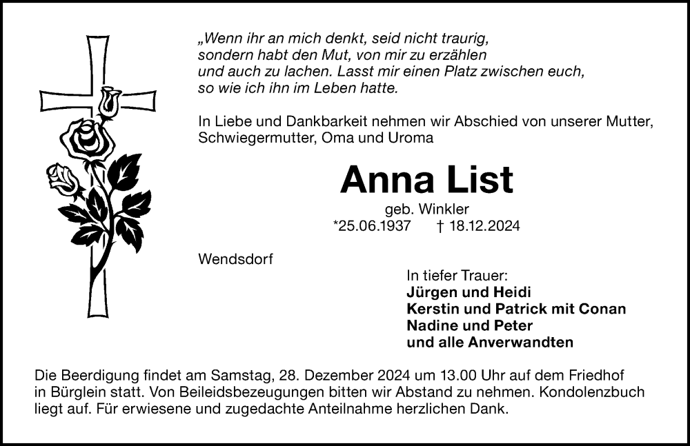Traueranzeigen von Anna List | trauer.nn.de
