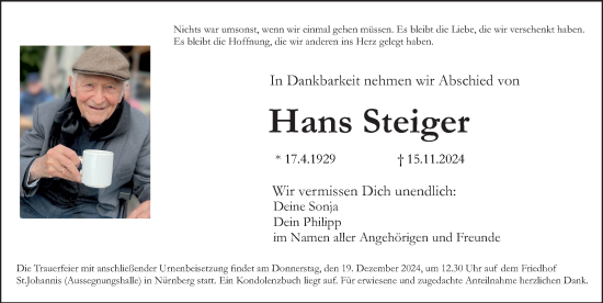 Traueranzeigen von Hans Steiger | trauer.nn.de