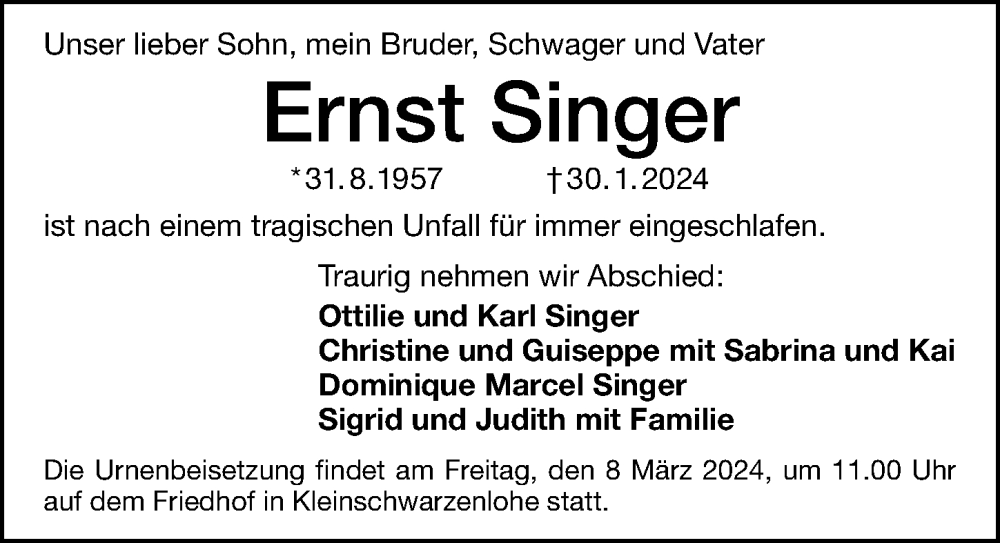 Traueranzeigen von Ernst Singer | trauer.nn.de