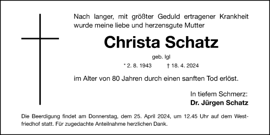 Traueranzeigen von Christa Schatz | trauer.nn.de