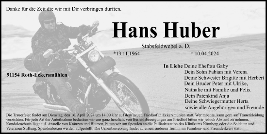 Traueranzeigen von Hans Huber | trauer.nn.de