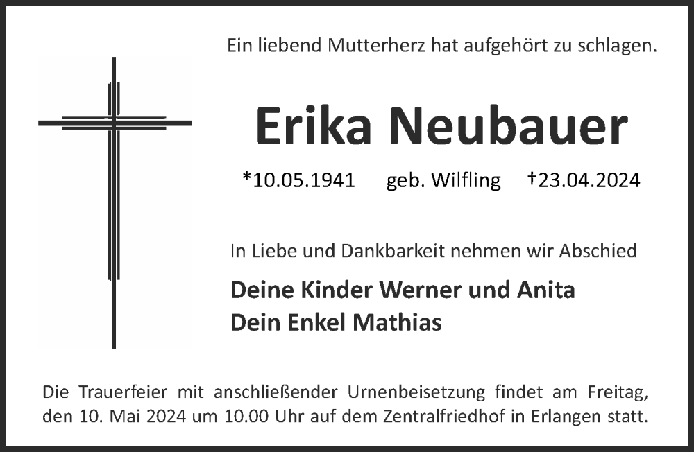 Traueranzeigen von Erika Neubauer | trauer.nn.de