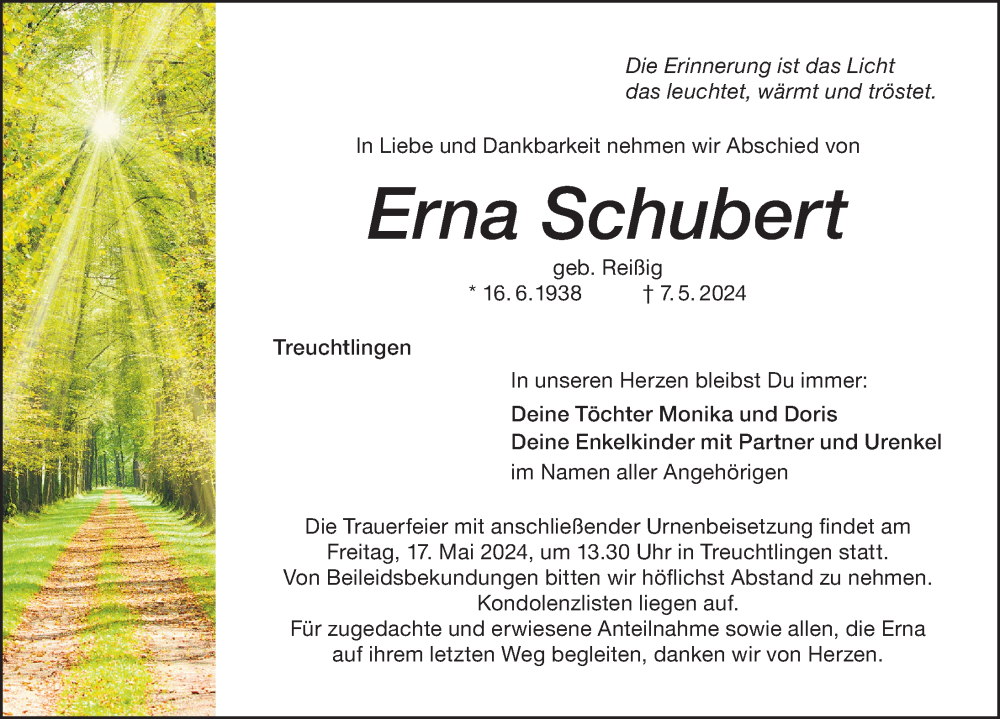 Traueranzeigen von Erna Schubert | trauer.nn.de