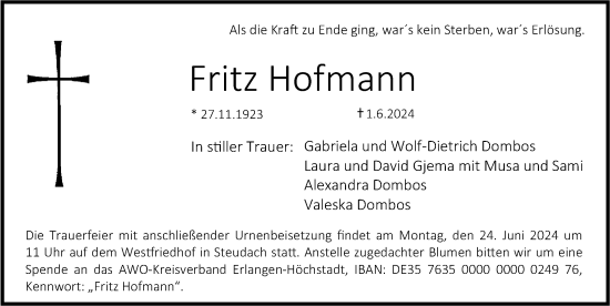 Traueranzeigen von Fritz Hofmann | trauer.nn.de
