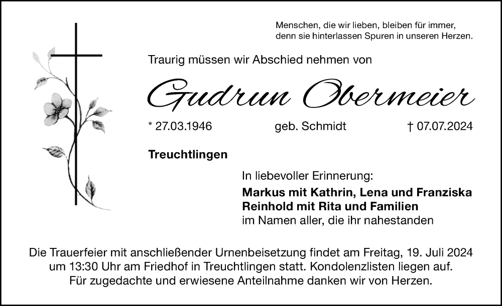 Traueranzeigen von Gudrun Obermeier | trauer.nn.de