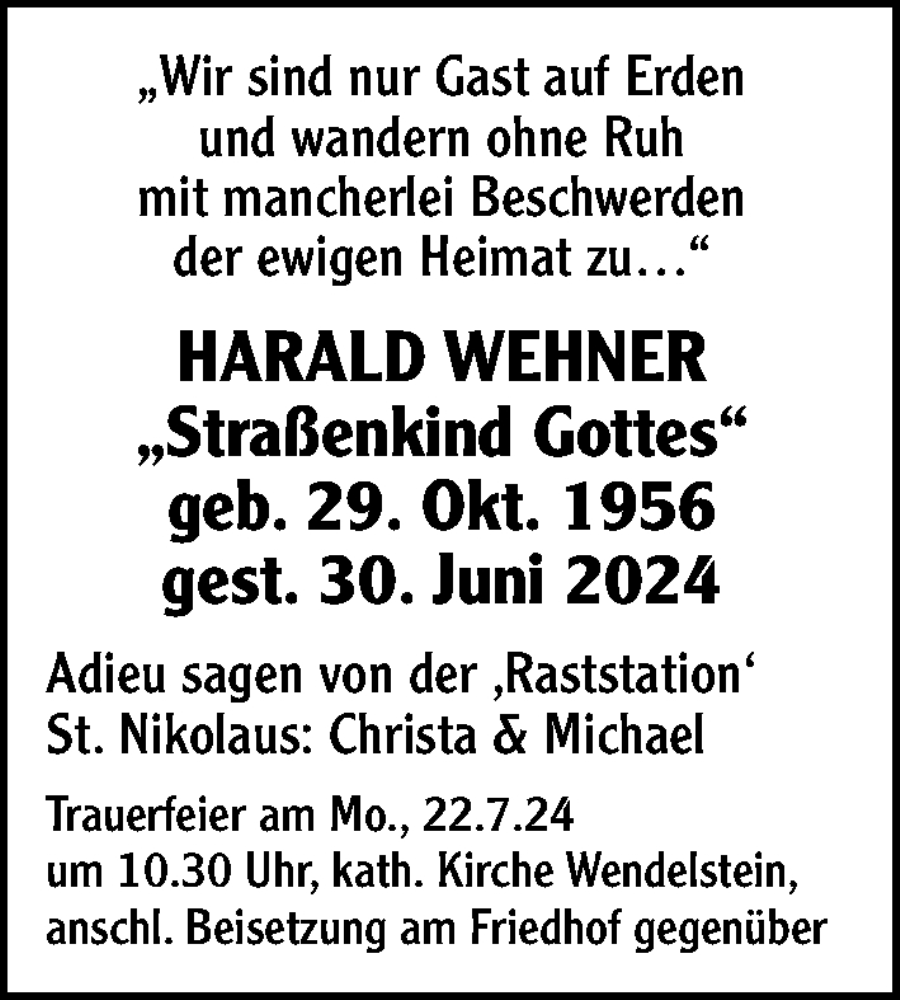 Traueranzeigen von Harald Wehner | trauer.nn.de