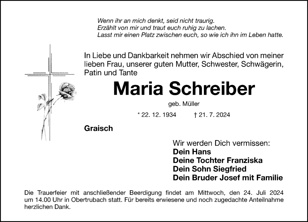 Traueranzeigen von Maria Schreiber | trauer.nn.de