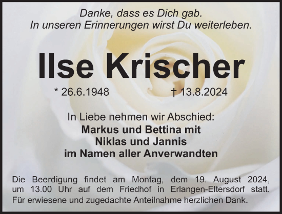 Traueranzeigen von Ilse Krischer | trauer.nn.de