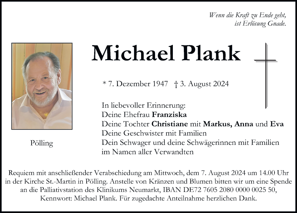 Traueranzeigen von Michael Plank | trauer.nn.de
