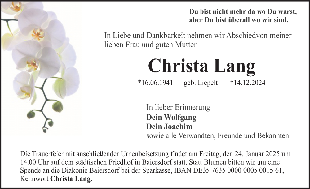 Traueranzeigen von Christa Lang | trauer.nn.de