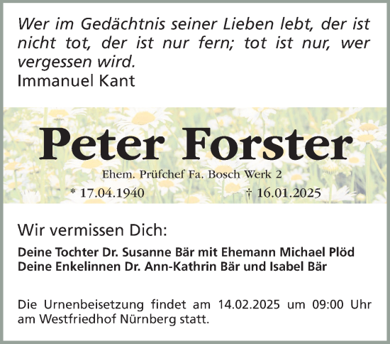Traueranzeigen von Peter Forster | trauer.nn.de