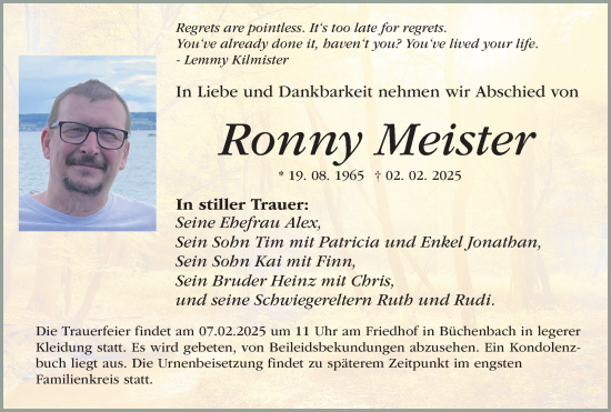 Traueranzeigen von Ronny Meister | trauer.nn.de Traueranzeigen von Ronny Meister | trauer.nn.de