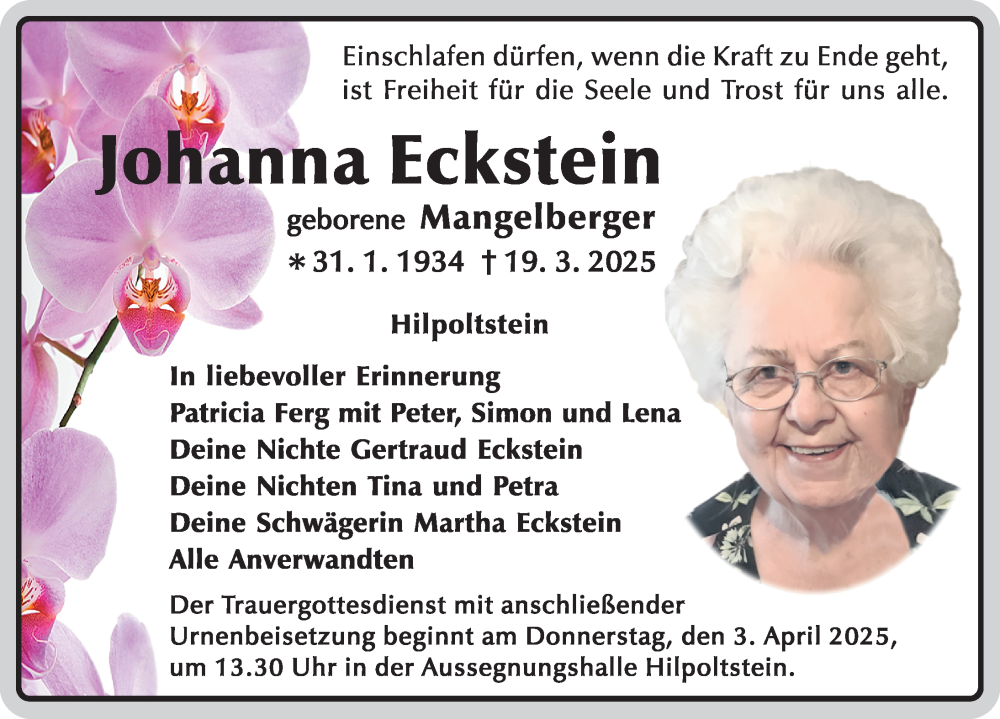 Traueranzeigen von Joanna Eckstein | trauer.nn.de