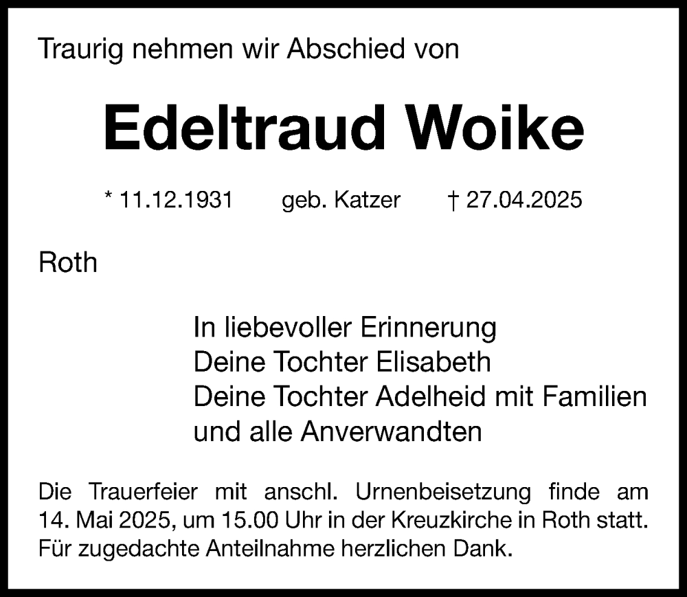 Traueranzeigen von Edeltraud Woike | trauer.nn.de