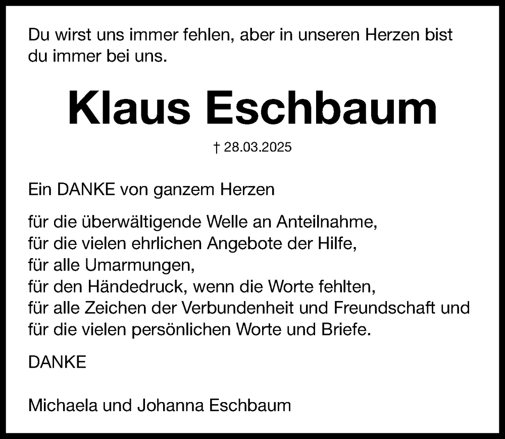 Traueranzeigen von Klaus Eschbaum | trauer.nn.de