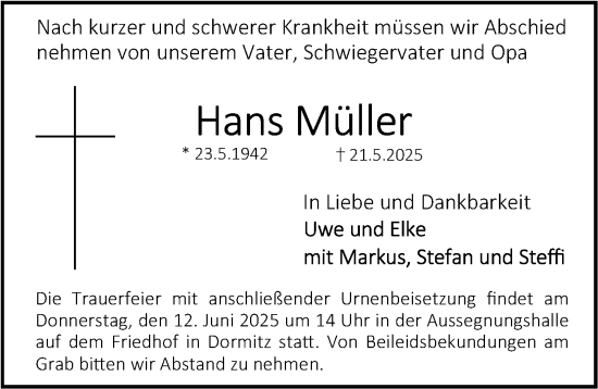 Traueranzeigen von Hans Müller | trauer.nn.de