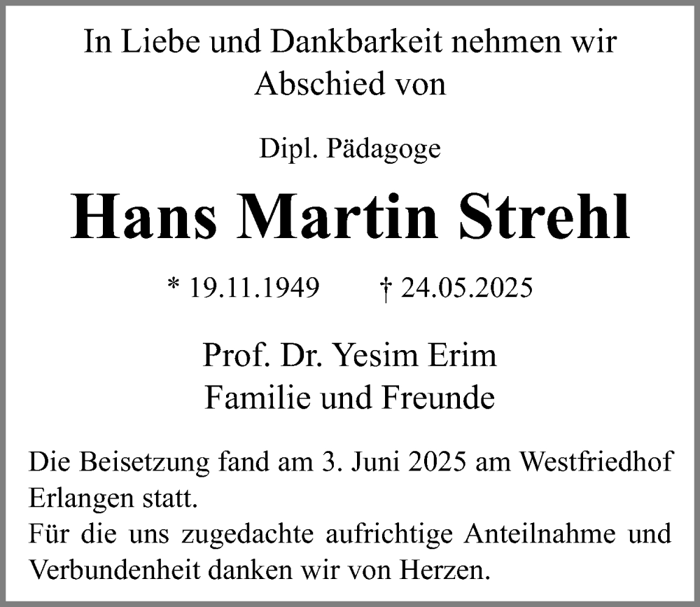 Traueranzeigen von Hans Martin Strehl | trauer.nn.de
